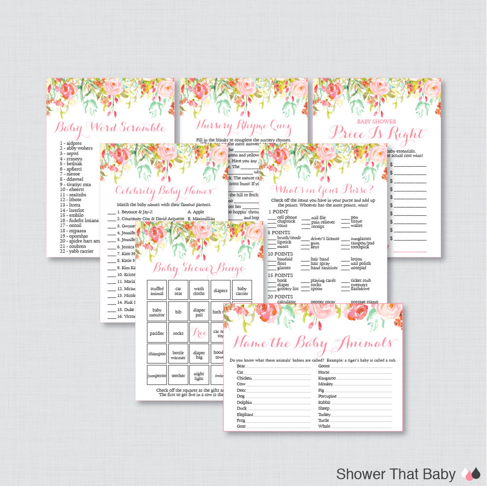 Floral Baby Shower Games Package Seven Printable Games: - Etsy