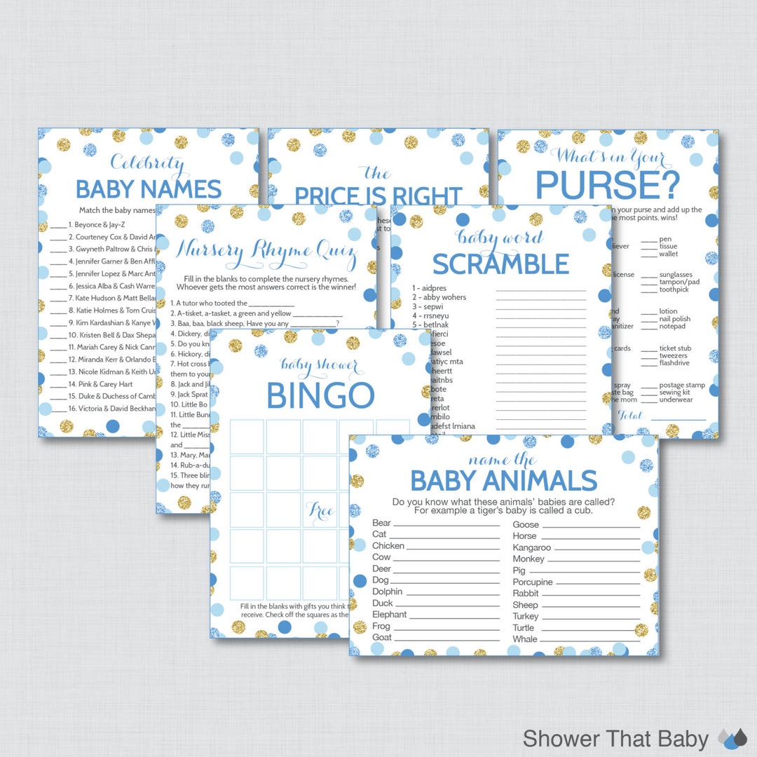 Blue and Gold Baby Shower Games Package With Glitter Polka Dots - Seven ...