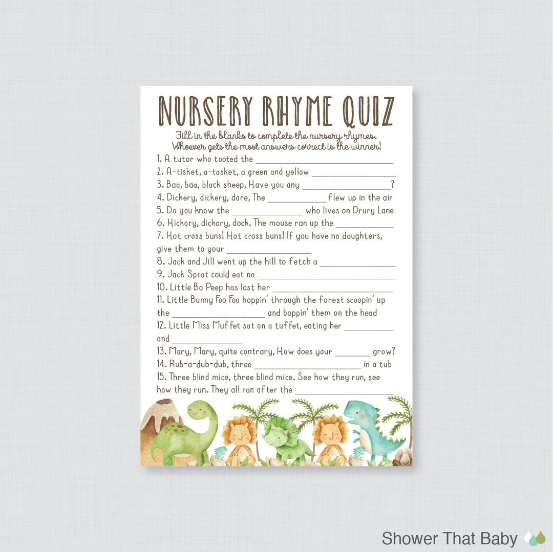 Dinosaur Nursery Rhyme Quiz Baby Shower Game - Printable Instant ...
