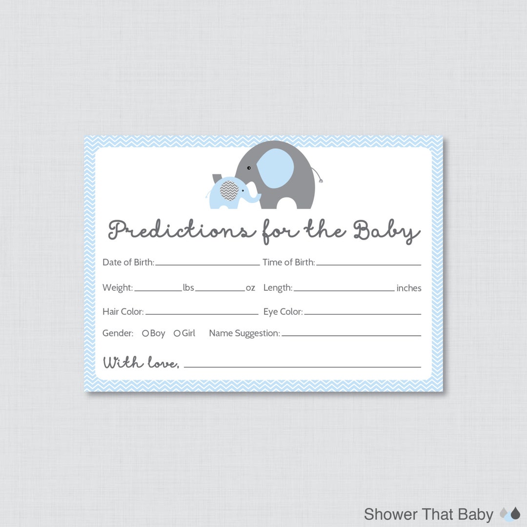 Elephant Baby Shower Prediction Cards - Instant Download - Blue and ...