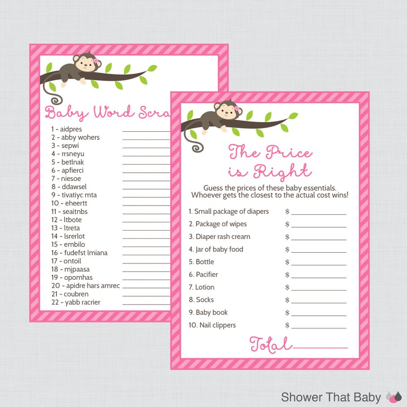 Monkey Baby Shower Games Package in Pink Seven Printable | Etsy