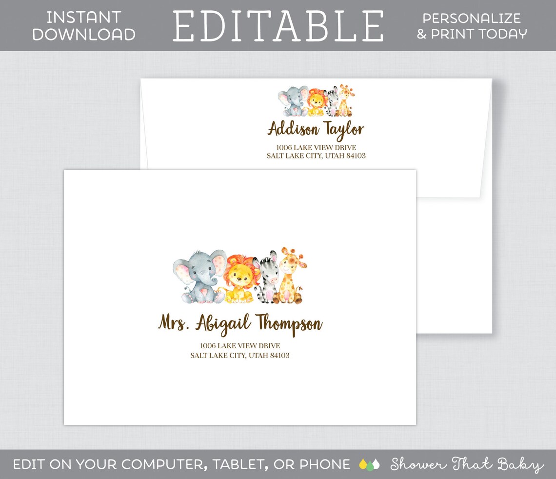EDITABLE Safari Baby Shower Envelopes - Editable Safari Animal Themed ...