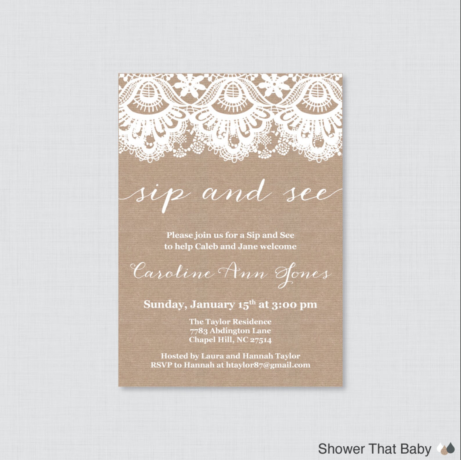 Sip and See Invitations - Printable OR Printed Burlap and Lace Sip and ...