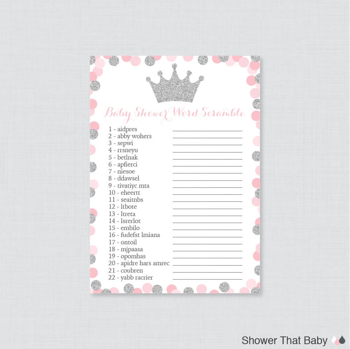 Princess Baby Shower Word Scramble Game Printable Instant | Etsy