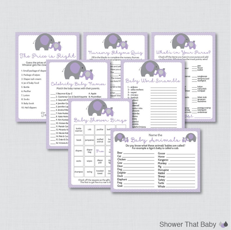 Elephant Baby Shower Games Package in Purple and Gray - Seven Printable ...