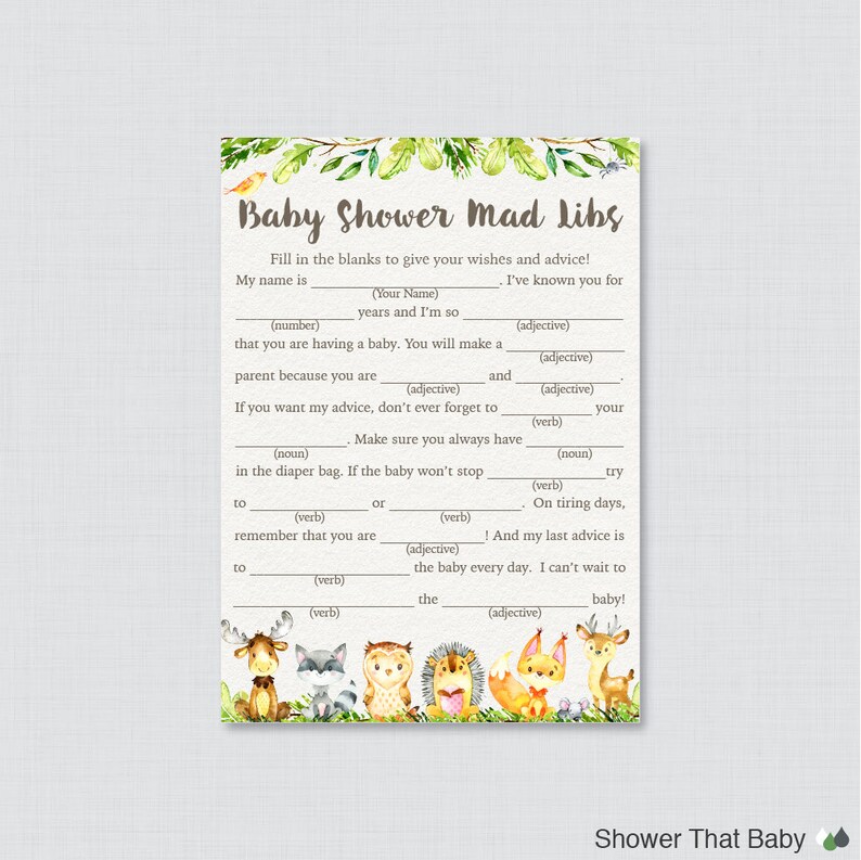 Woodland Animal Baby Shower Mad Libs Printable Gender - Etsy