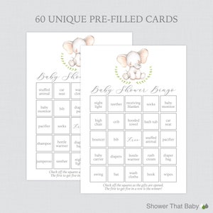 Watercolor Elephant Baby Shower Bingo Cards Printable Blank Bingo Cards ...