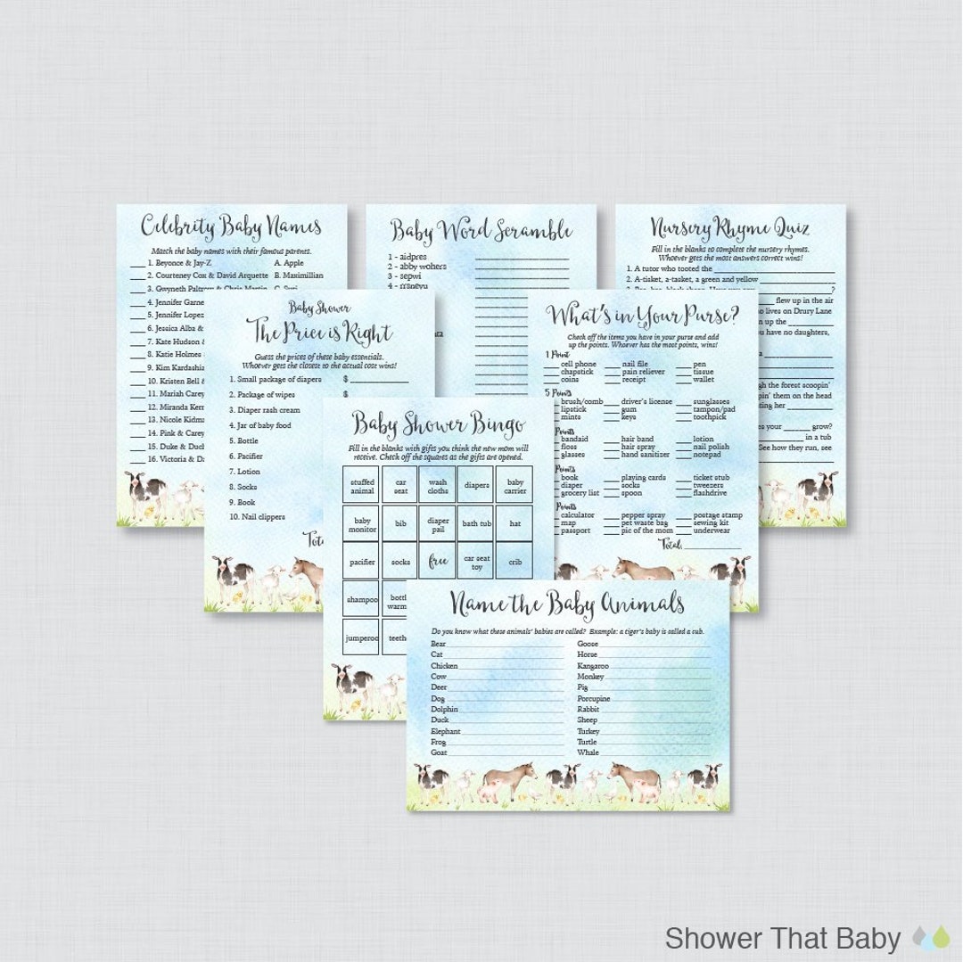 Farm Animal Baby Shower Games Package Seven Printable Games: Bingo ...