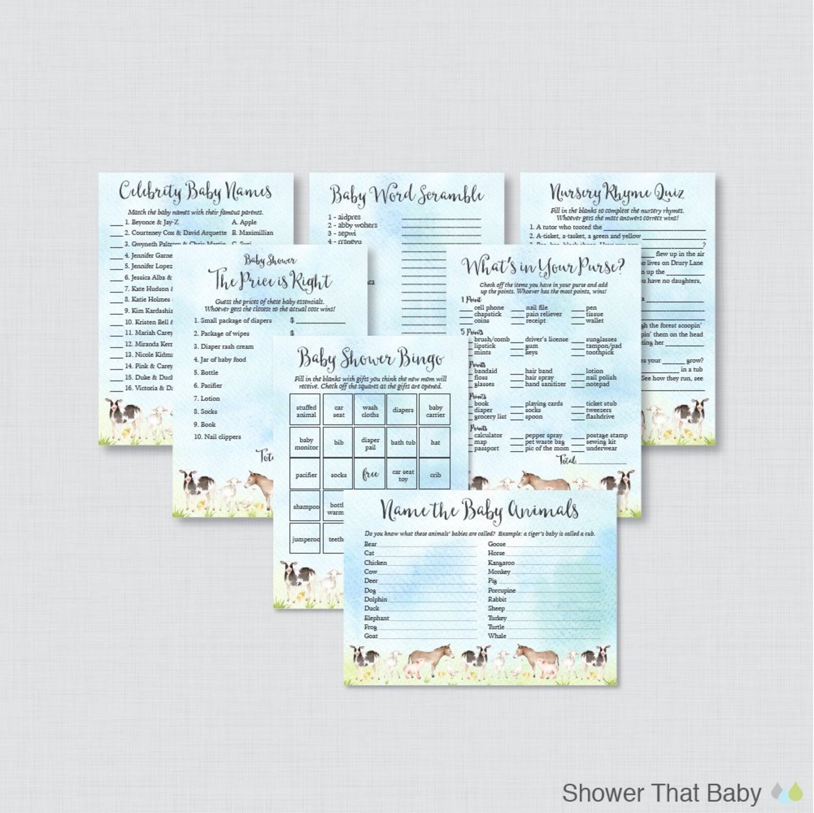 Farm Animal Baby Shower Games Package Seven Printable Games: - Etsy