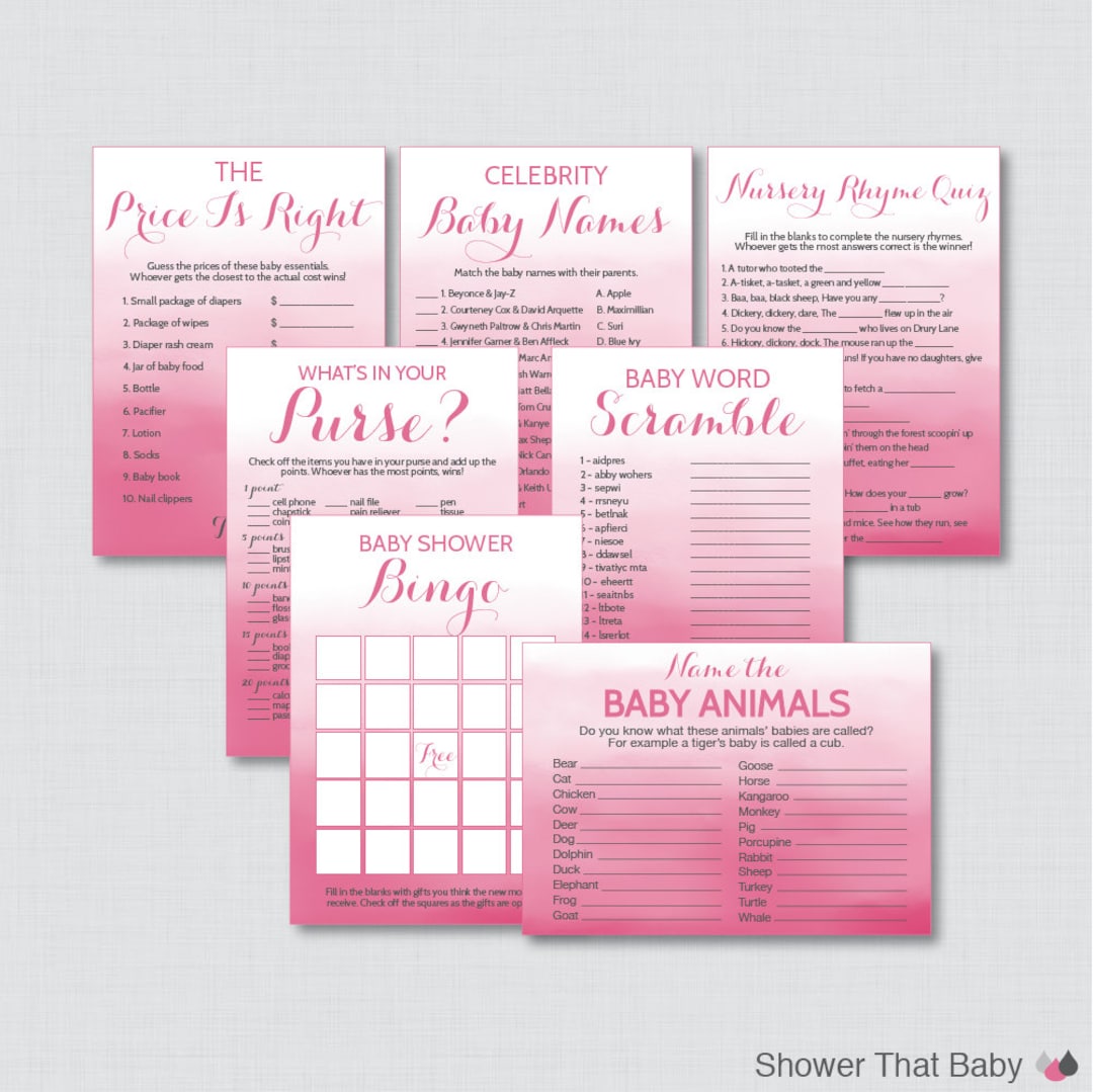 Pink Baby Shower Games Package in Pink Watercolor - Seven Printable ...