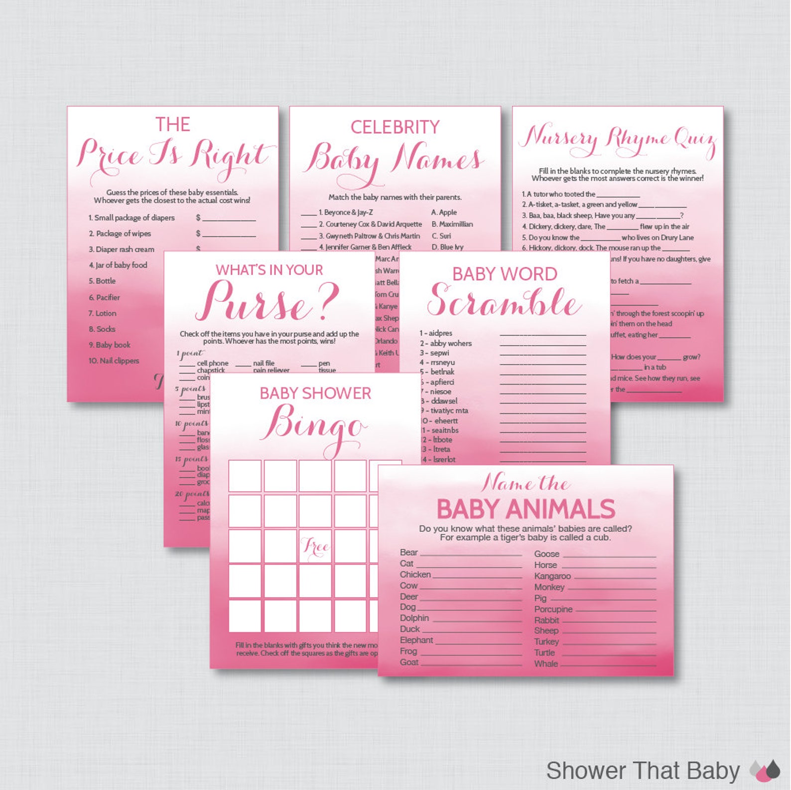 Pink Baby Shower Games Package in Pink Watercolor - Seven Printable ...