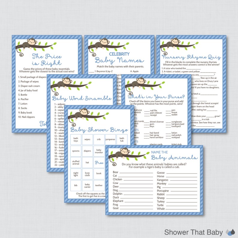 Monkey Baby Shower Games Package in Blue - Seven Printable Monkey Games ...