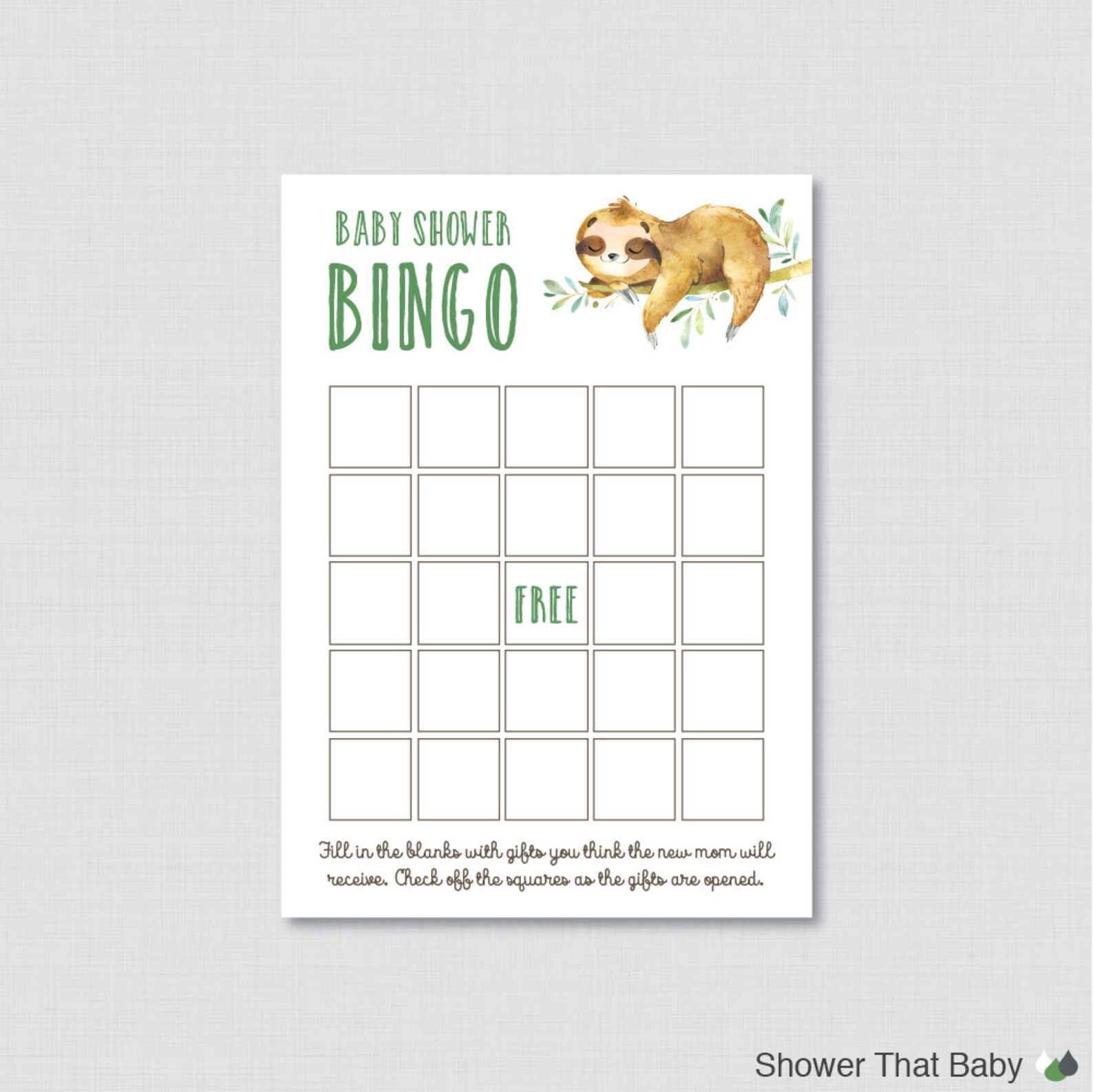 Sloth Baby Shower Bingo Cards - Printable Blank Bingo Cards AND ...