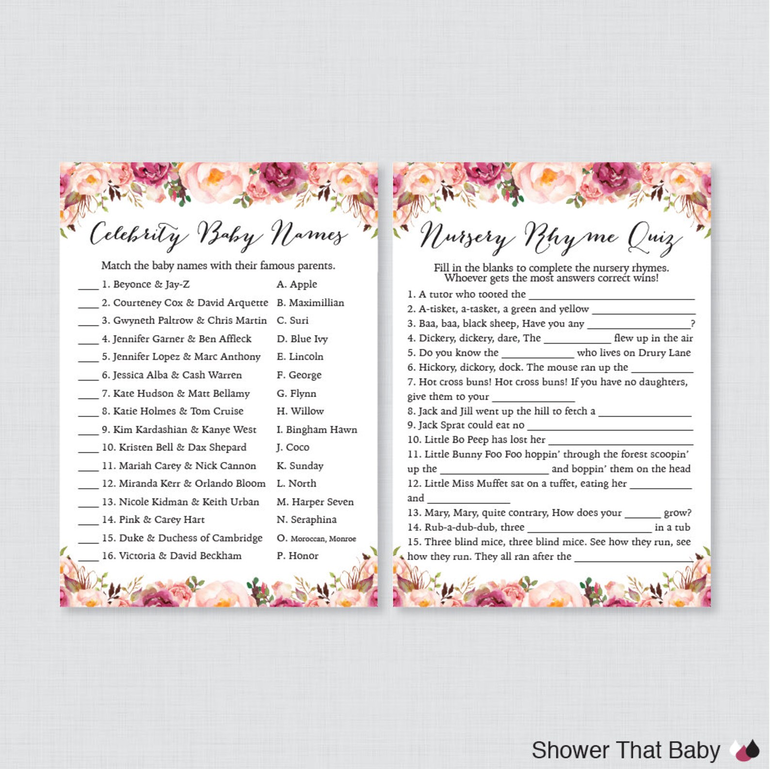 Pink Floral Baby Shower Games Package Seven Printable Games: | Etsy