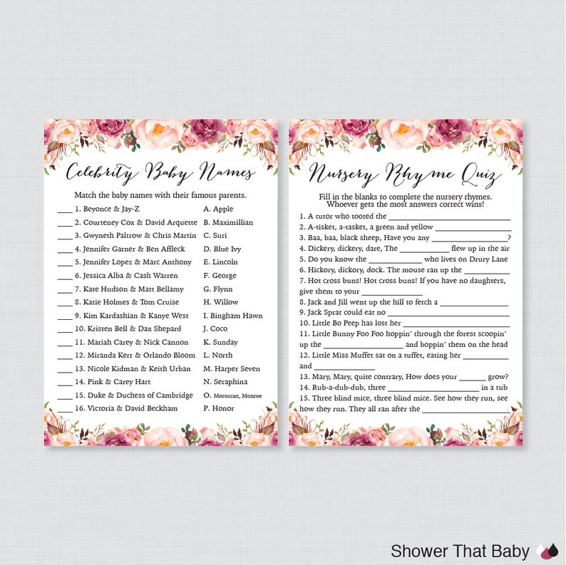 Pink Floral Baby Shower Games Package - Seven Printable Games: Bingo ...