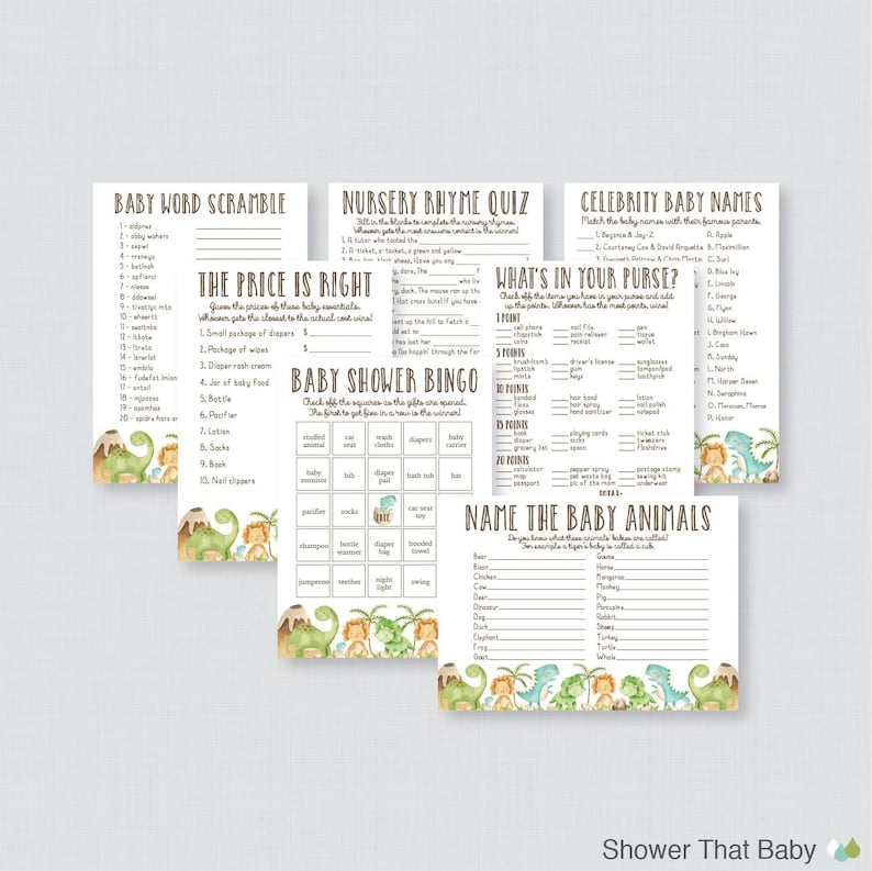 Dinosaur Baby Shower Games Package - 7 Printable Games: Bingo, Price is ...