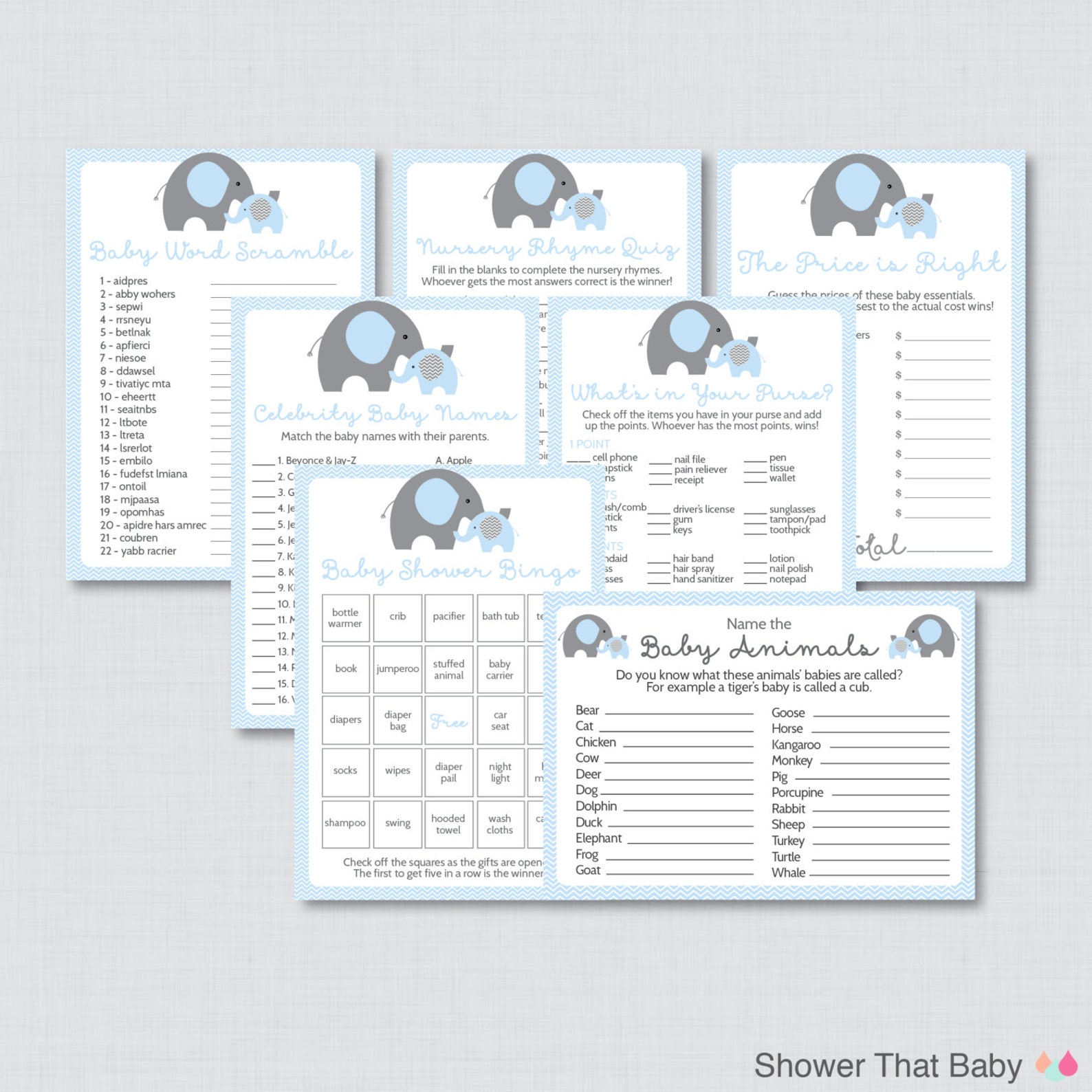 Elephant Baby Shower Games Package in Blue and Gray Seven - Etsy