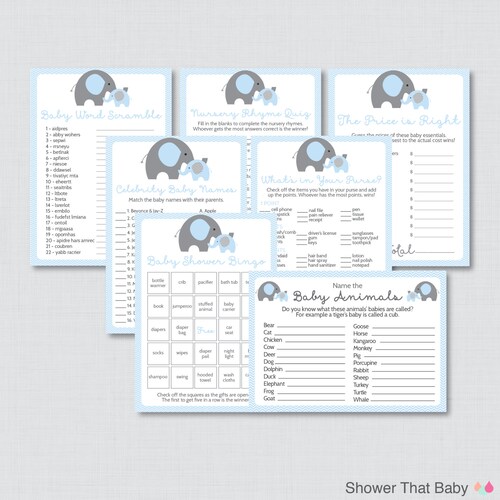 Elephant Baby Shower Games Package in Blue and Gray Seven - Etsy