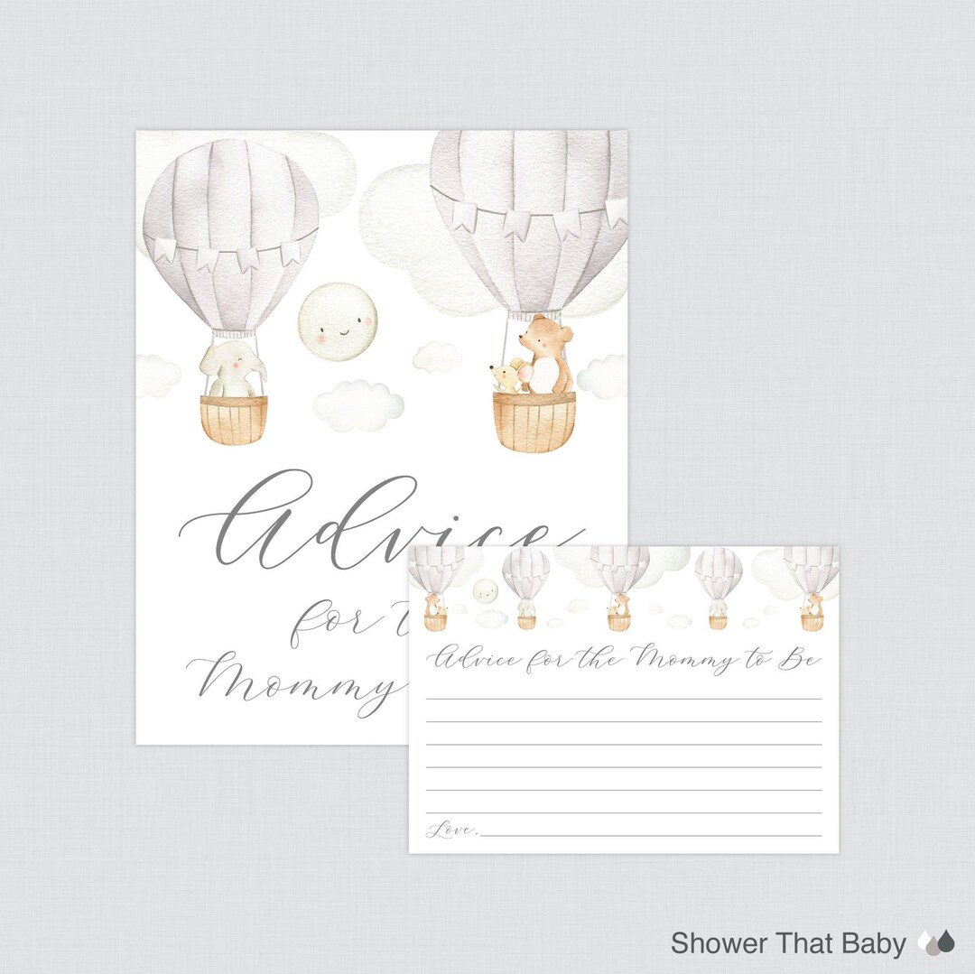 Gray Hot Air Balloon Advice for Mommy to Be Cards and Sign - Printable ...