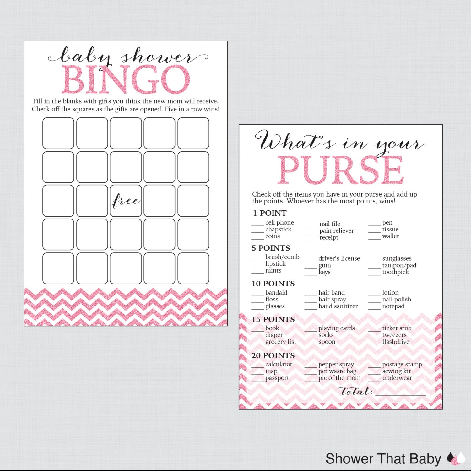 Pink Glitter Baby Shower Games Package in Pink Glitter Chevron - Six ...