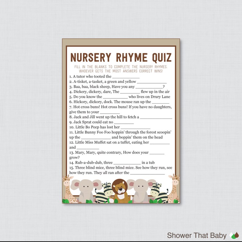 Safari Baby Shower Nursery Rhyme Quiz Baby Shower Game Printable ...