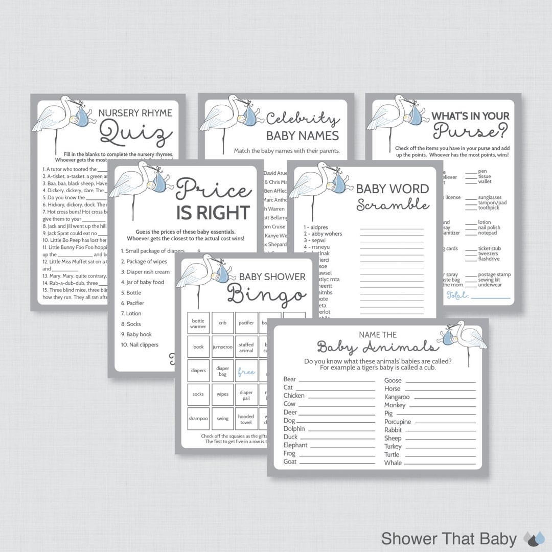 Stork Baby Shower Games Package With Seven Printable Games - Blue Baby ...