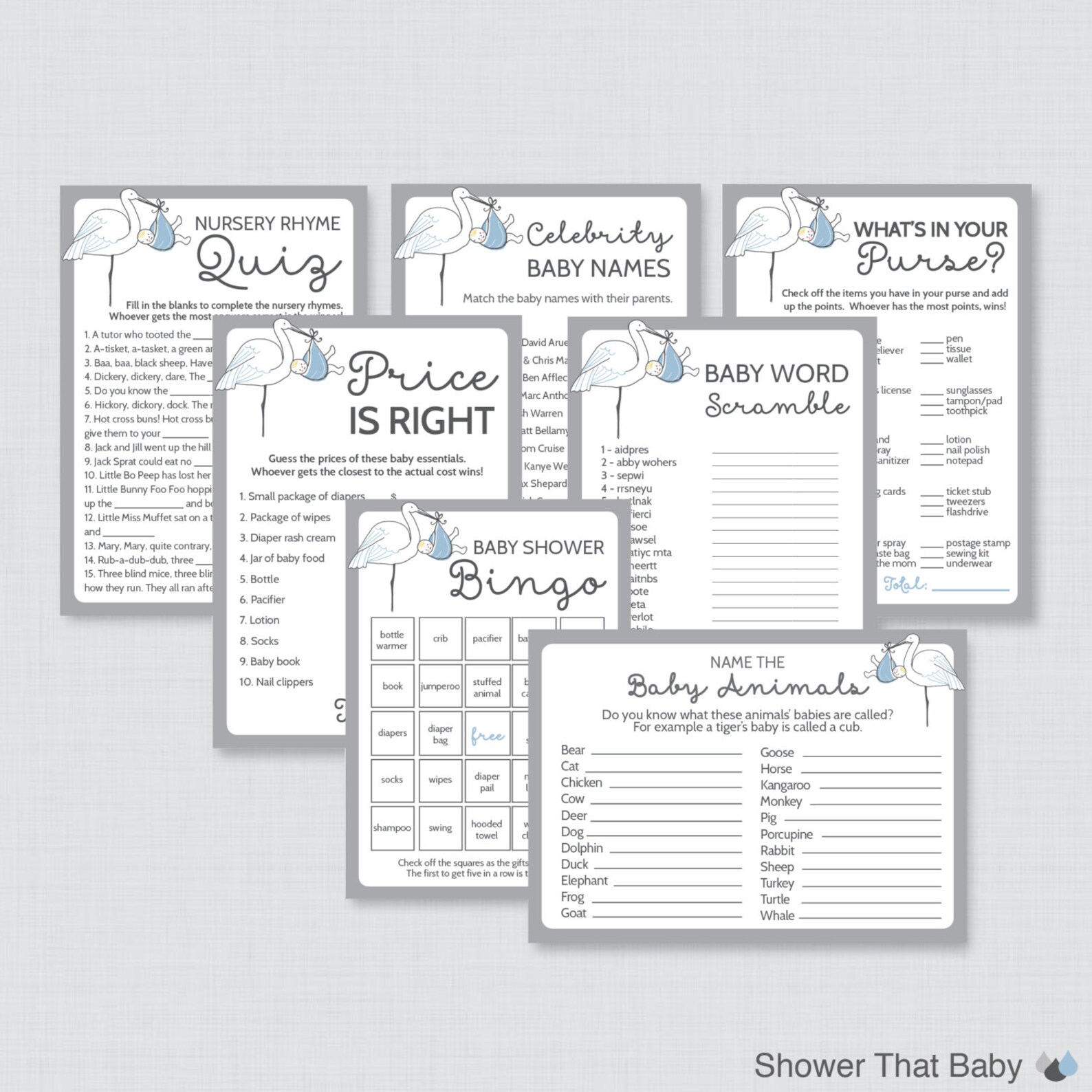 Stork Baby Shower Games Package With Seven Printable Games - Etsy