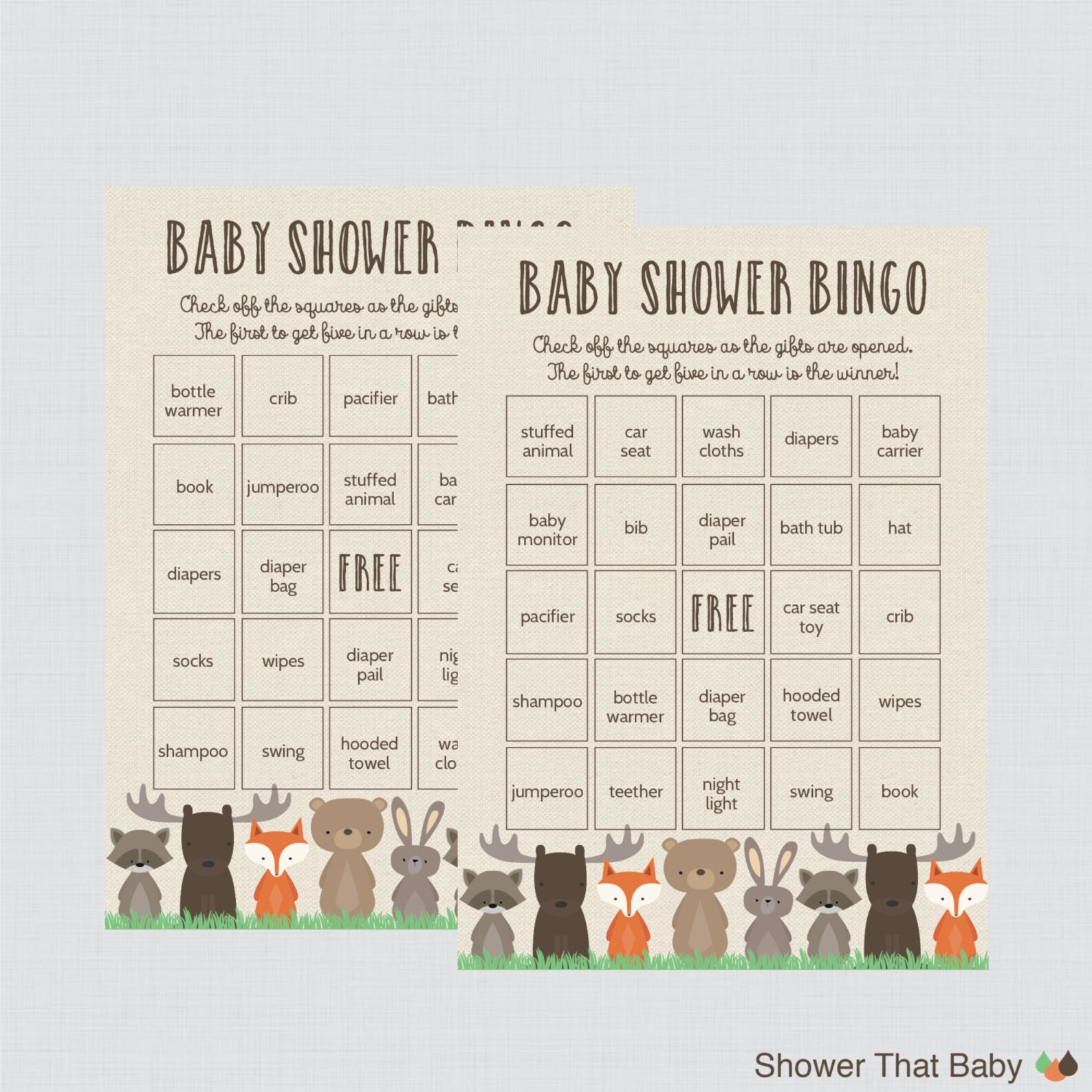 Woodland Baby Shower Bingo Cards - Prefilled Bingo Cards AND Blank ...