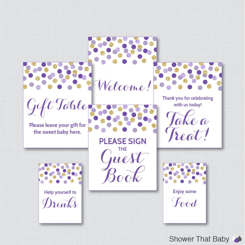Printable Purple Baby Shower Table Signs - SIX Signs! Welcome Sign ...