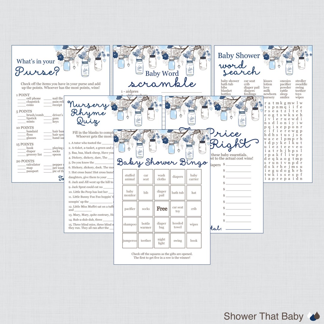 Mason Jar Baby Shower Games Printable Package With Blue Mason Jars ...