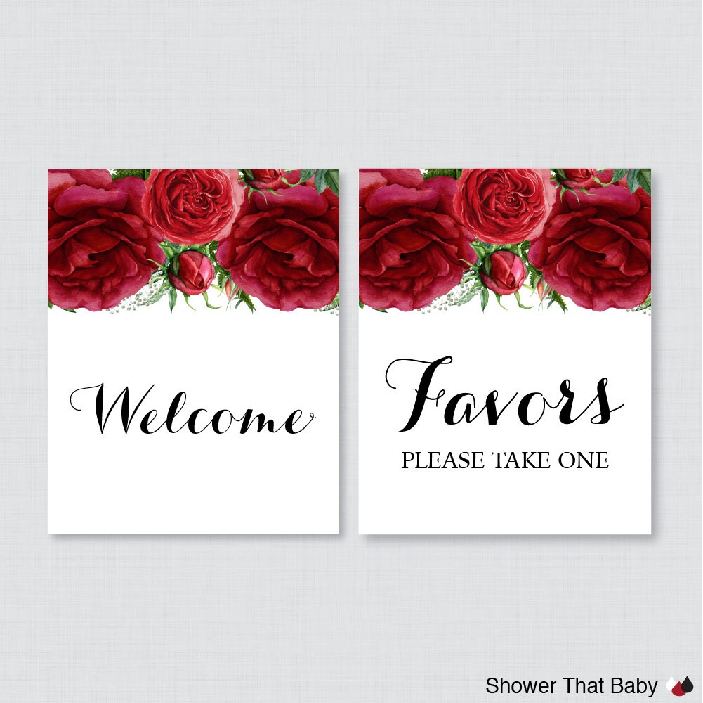 Printable Red Floral Baby Shower Table Signs - SIX Signs! Welcome Sign ...