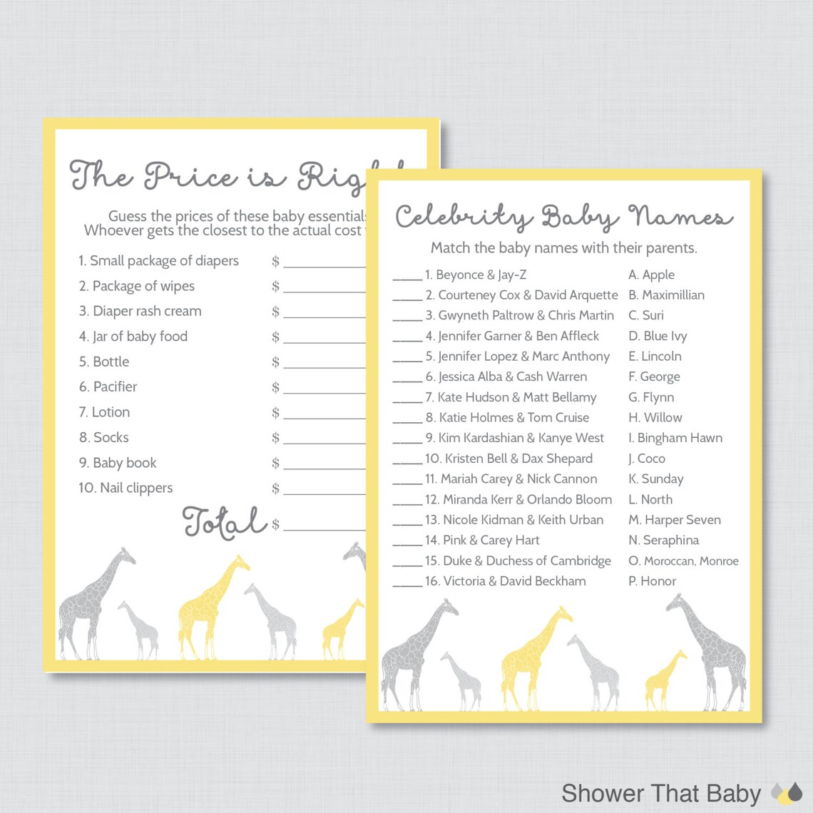 Giraffe Baby Shower Games Package in Yellow and Gray Seven | Etsy