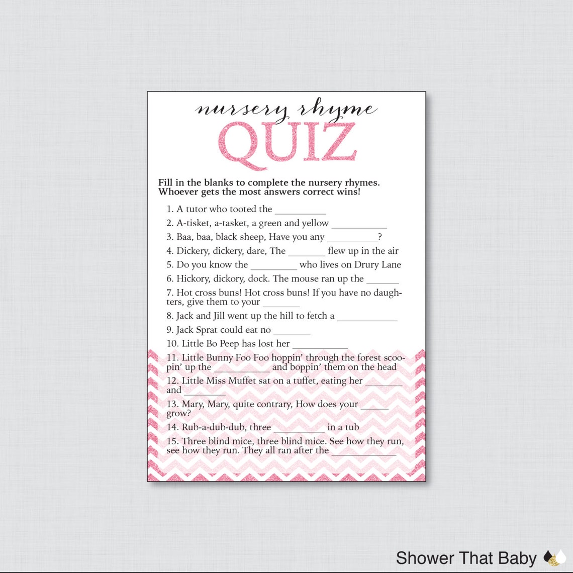 Glitter Nursery Rhyme Game Printable Chevron Baby Shower - Etsy
