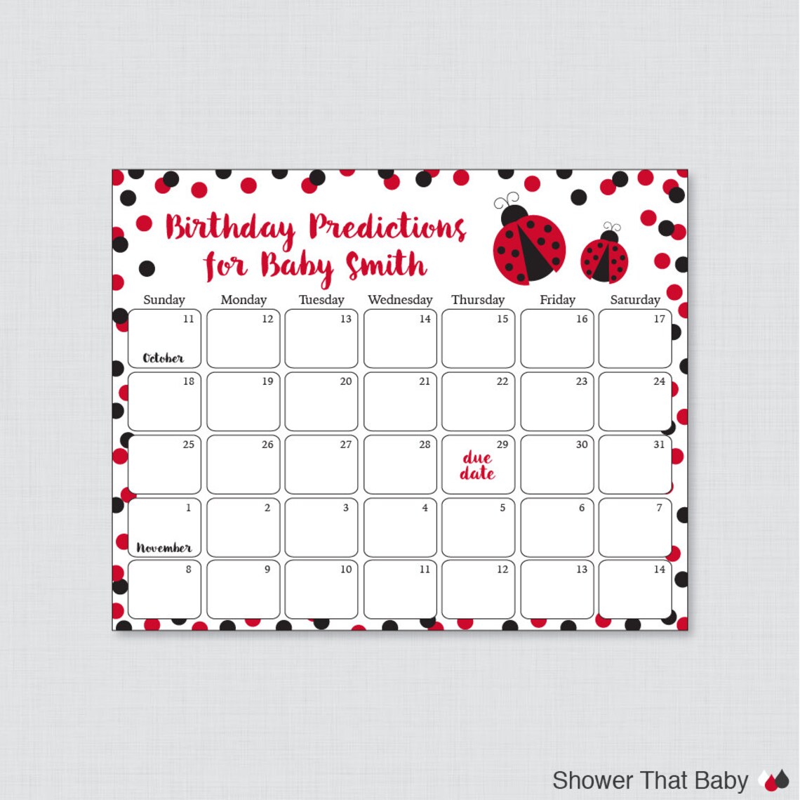 Ladybug Theme Baby Shower Birthday Predictions Calendar - Printable ...