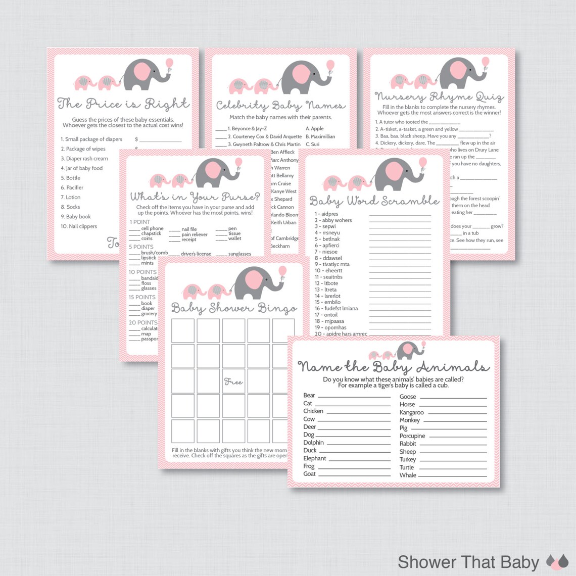 Elephant Twins Baby Shower Games Package in Pink and Gray | Etsy