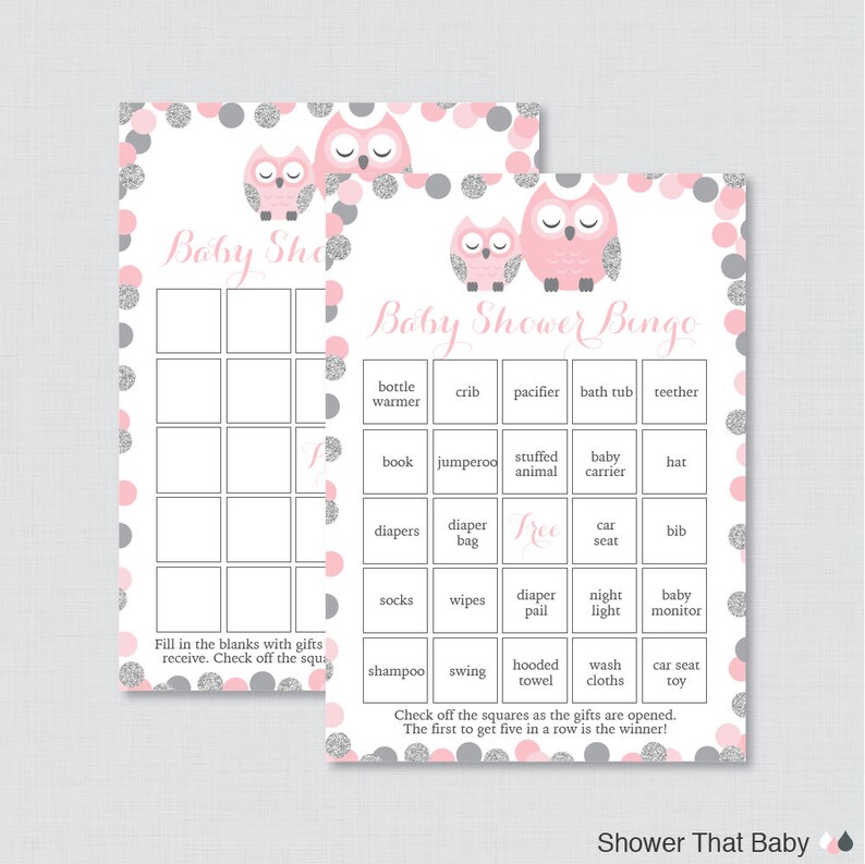Pink and Gray Owl Baby Shower Games Package - Seven Printable Games ...