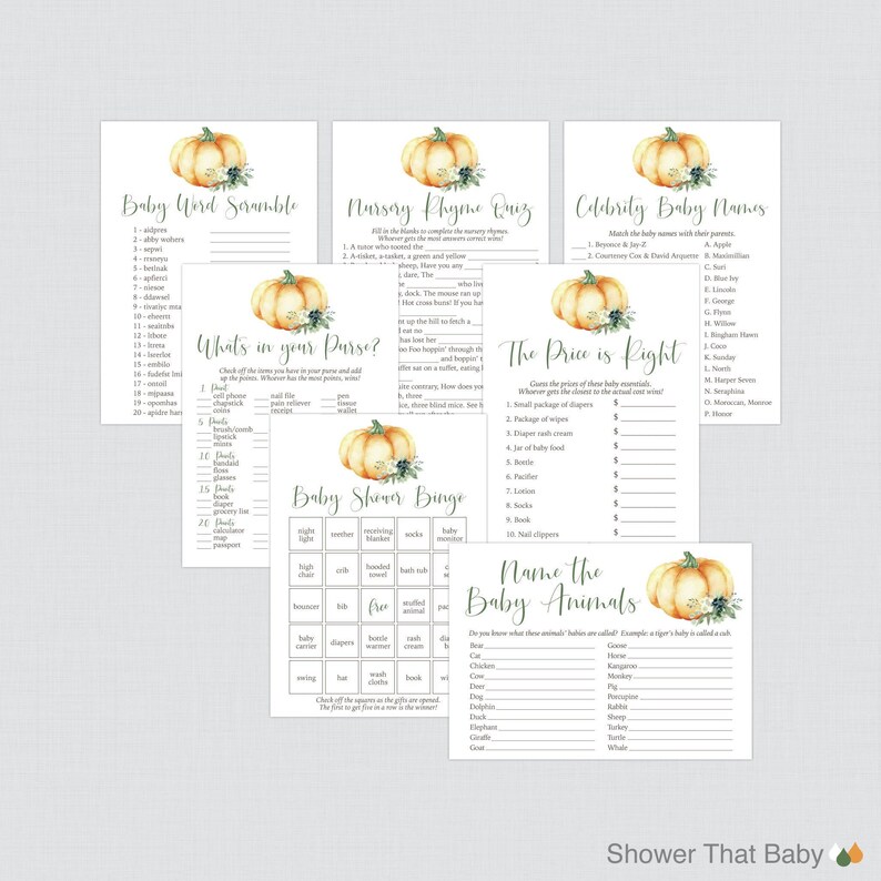 Orange Pumpkin Baby Shower Games Package Seven Printable | Etsy