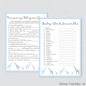Giraffe Baby Shower Games Package in Blue and Gray - Seven Printable ...