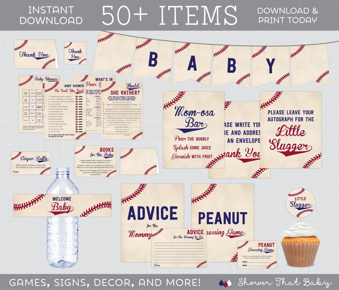 Baseball Baby Shower Bundle - Over 50 Printable Games, Decorations ...
