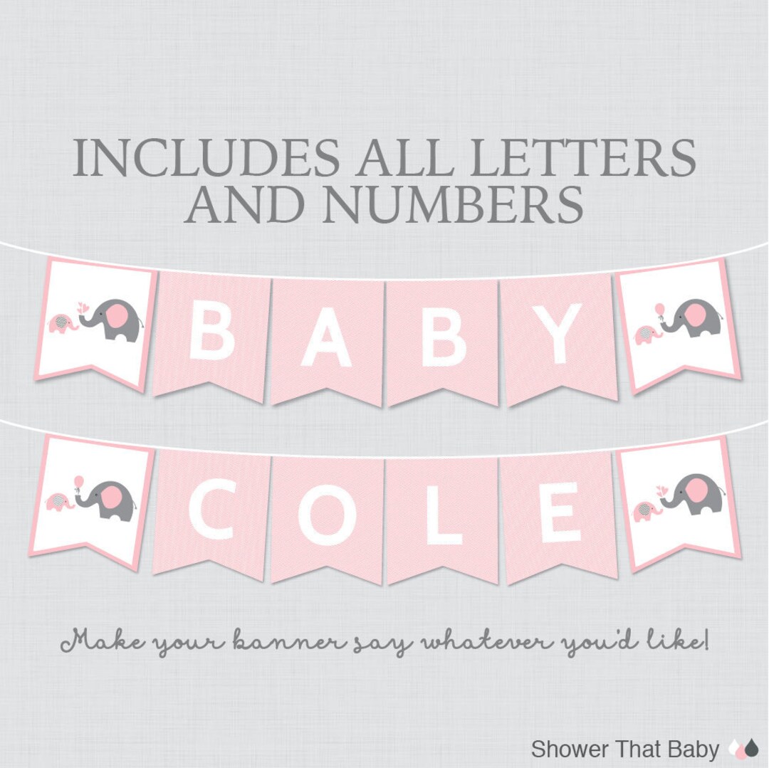 Printable Pink Elephant Baby Shower Banner - Pink and Gray Elephant ...