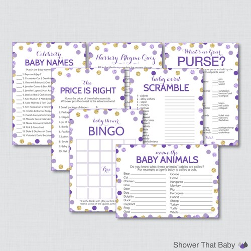 Purple and Gold Baby Shower Games Package With Glitter Polka - Etsy