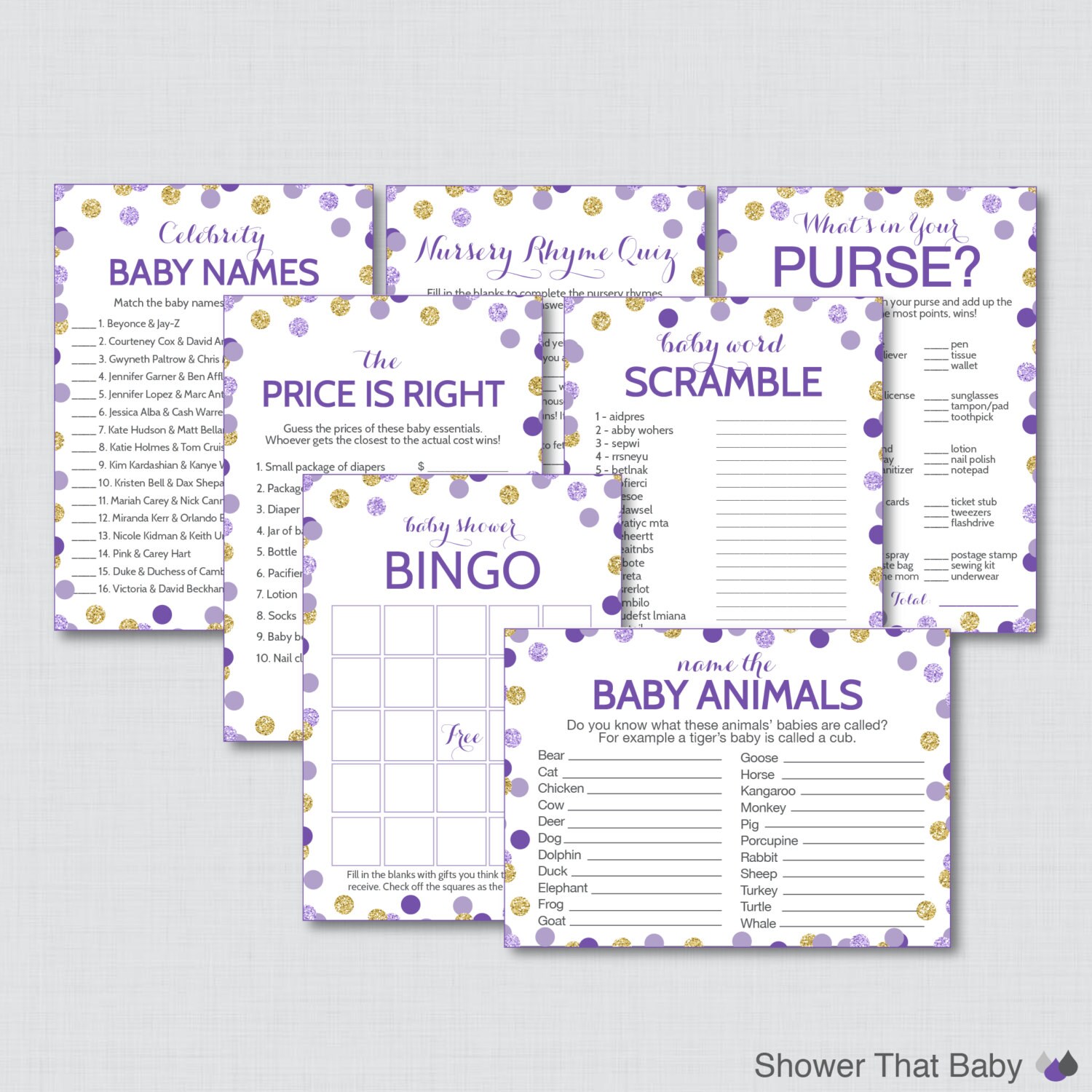 Purple and Gold Baby Shower Games Package With Glitter Polka | Etsy