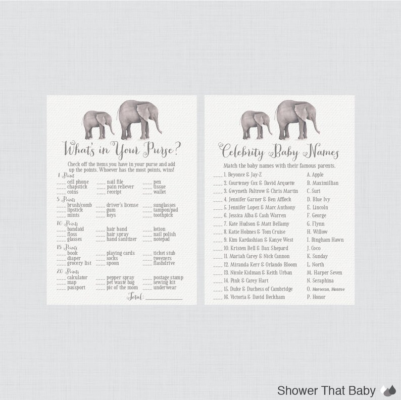 Elephant Baby Shower Games Package - Seven Printable Games: Bingo ...