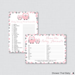 Pink and Gray Owl Baby Shower Games Package - Seven Printable Games ...