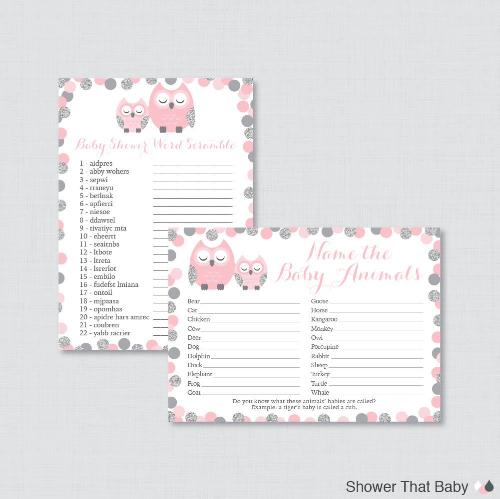 Pink and Gray Owl Baby Shower Games Package Seven Printable | Etsy