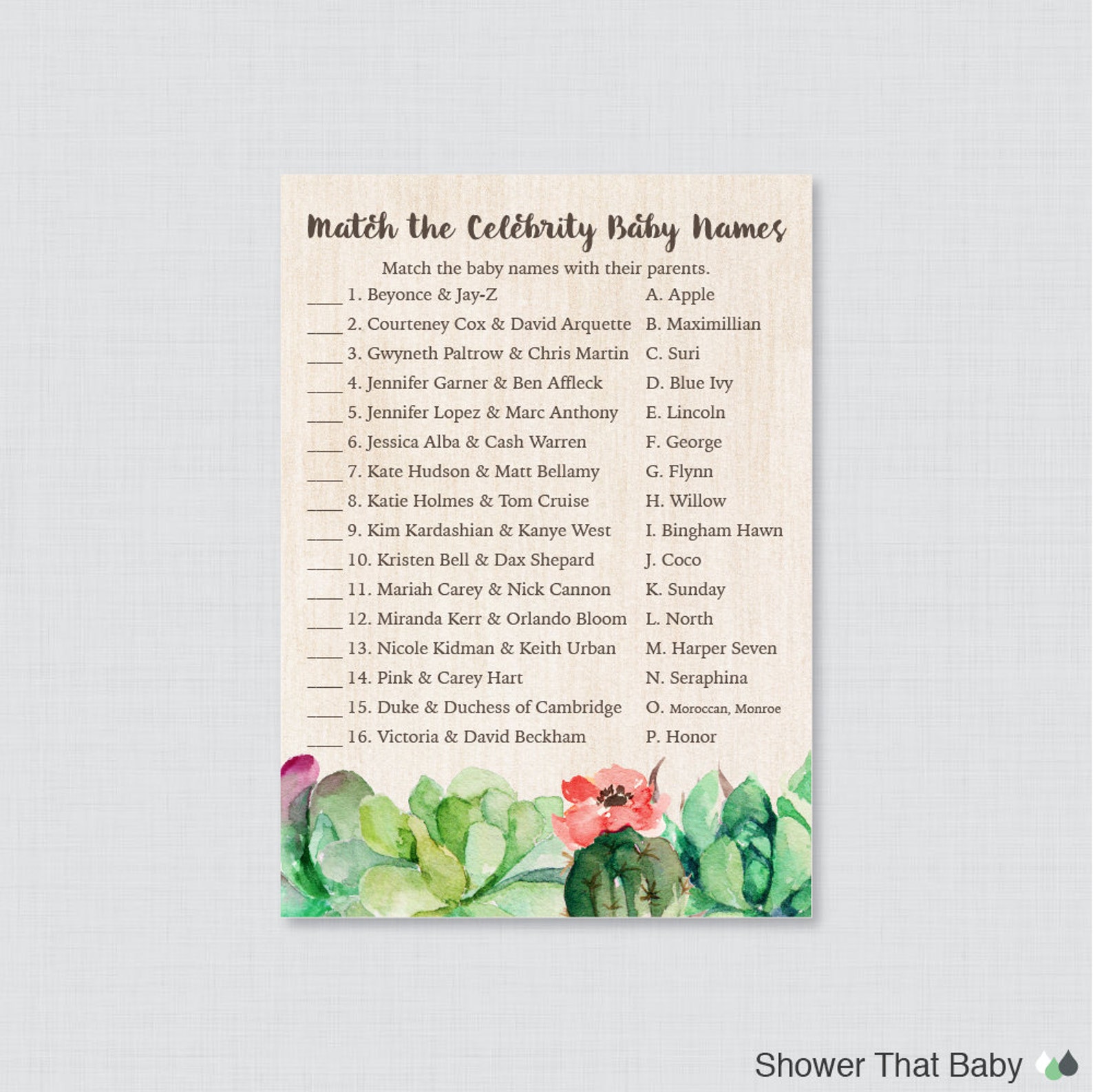 Succulent Baby Shower Celebrity Baby Name Game Celebrity - Etsy