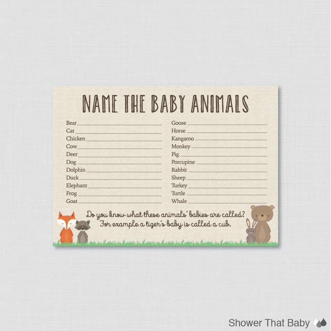 Baby Animals Name Game Baby Shower Printable Woodland Baby - Etsy
