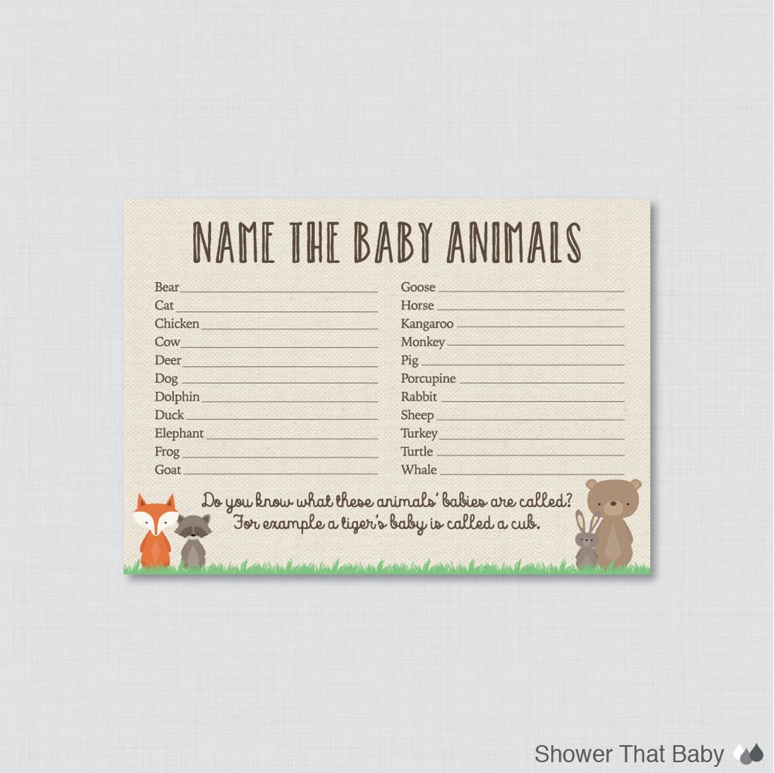 Baby Animals Name Game Baby Shower Printable Woodland Baby - Etsy