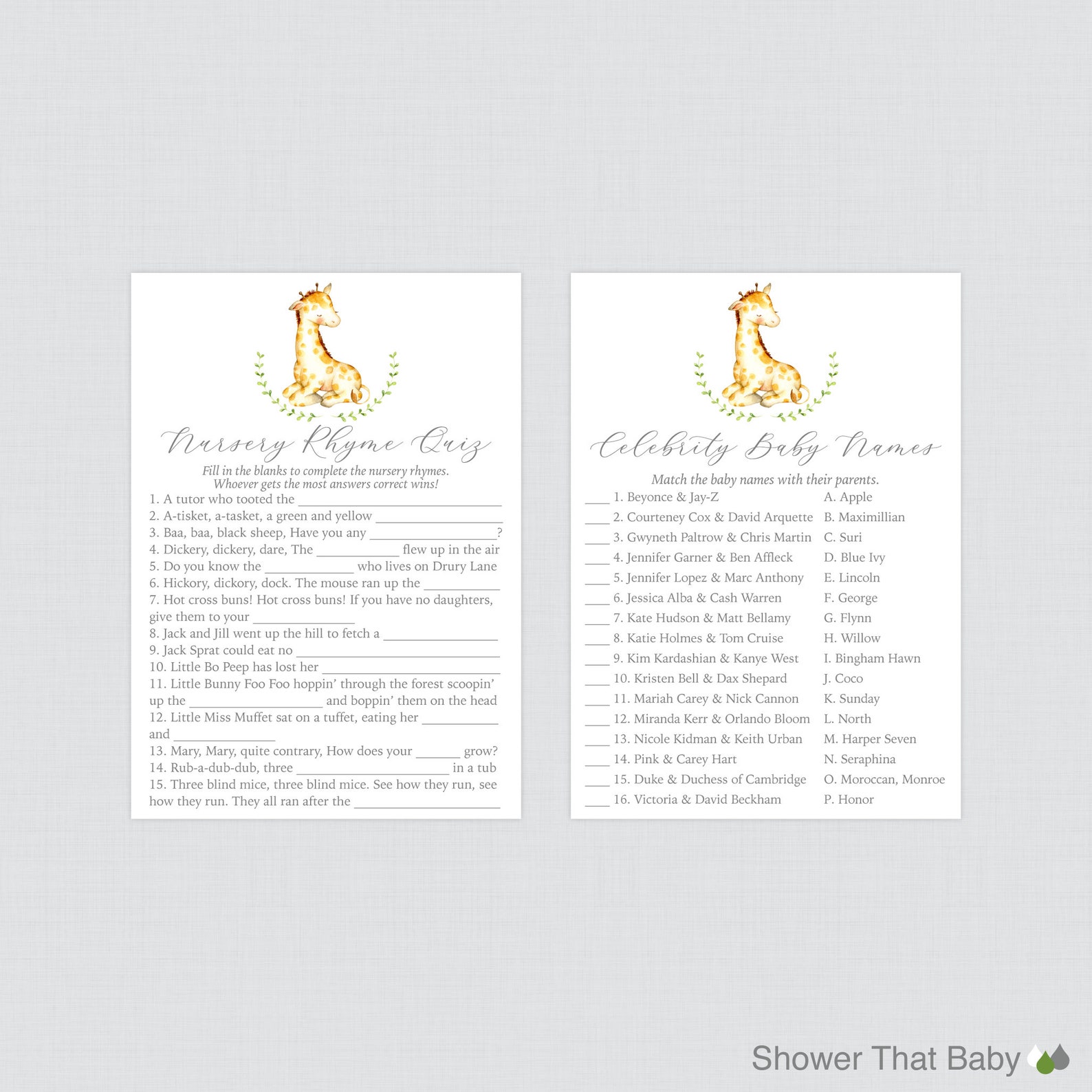 Watercolor Giraffe Baby Shower Games Package Seven Printable - Etsy