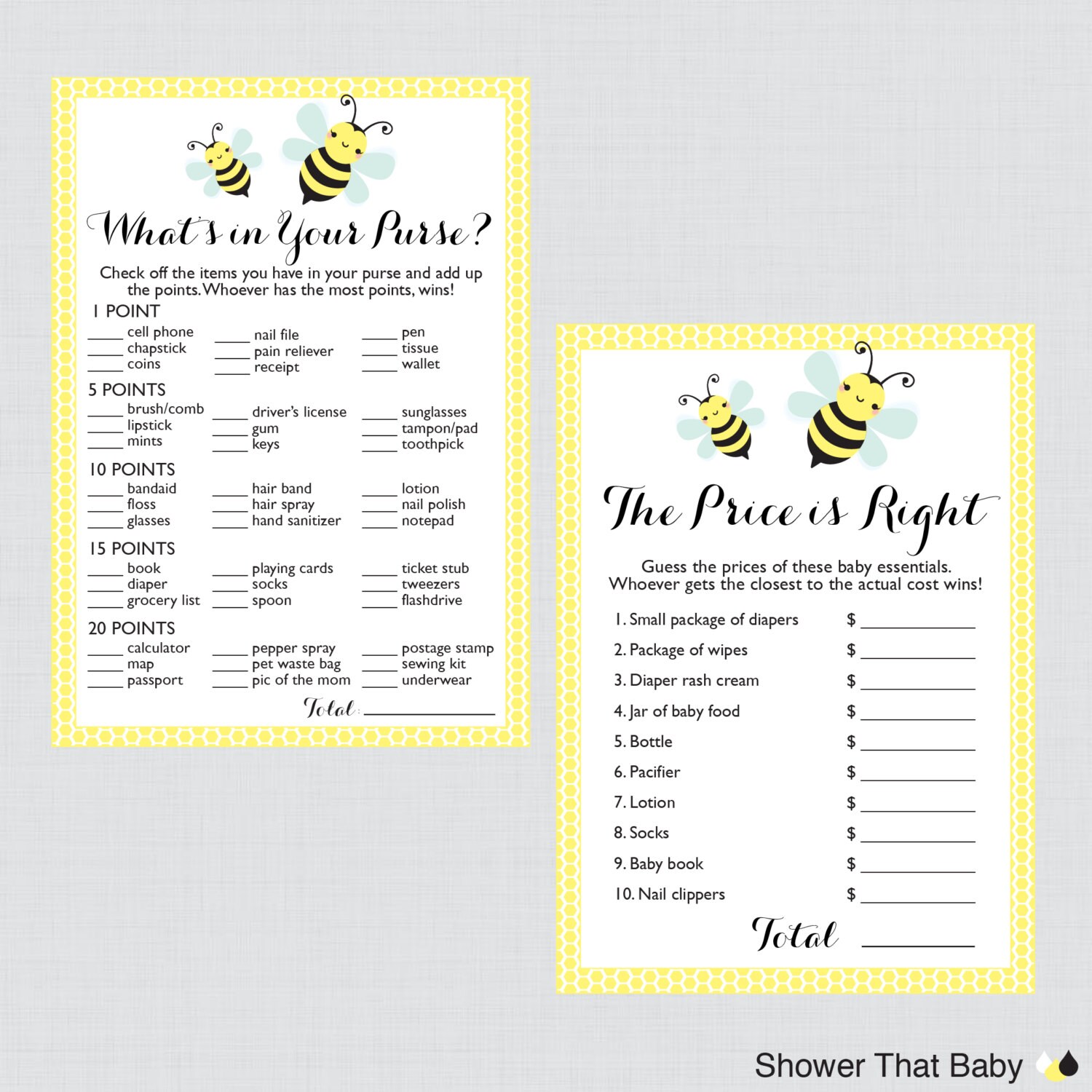 Bumble Bee Baby Shower Games Package in Yellow - Seven Printable Games ...